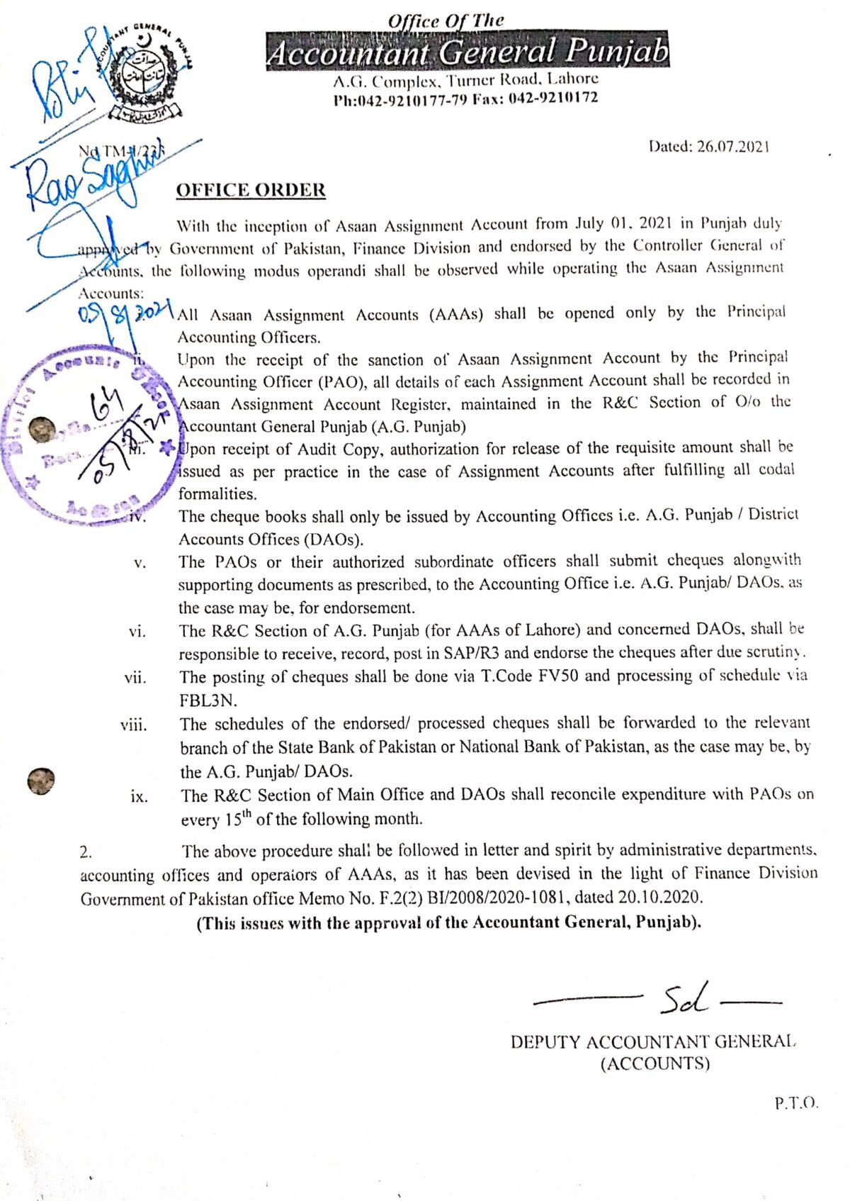 Procedure for Issuance of Assan Assignment Account Cheque Books - AG dt 26.07.2021 - s2e